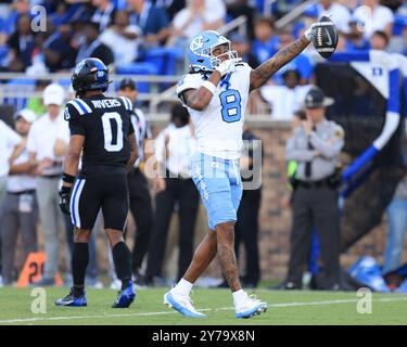 North Carolina wide receiver Kobe Paysour (8) scores a touchdown as he ...
