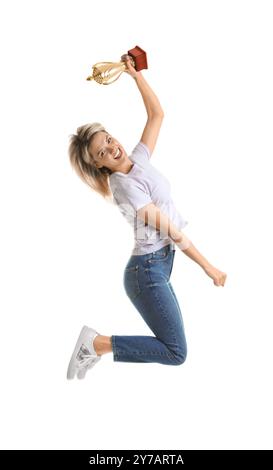 Happy winner with golden trophy cup on white background Stock Photo - Alamy