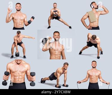 Fitness enthusiast demonstrating various exercises in a minimalist gym ...