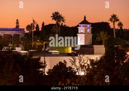 Sunset light shines on the historic downtown City Hall of Fullerton ...