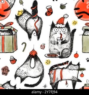 Cartoon funny cats seamless Christmas tree pattern for wrapping paper ...