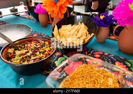 Fiesta Buffet Featuring Tortilla Chips, Salsa, and Toppings Stock Photo ...