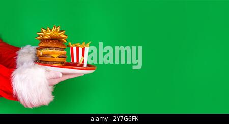 Christmas burger and french fries delivery menu. Santa hands with big ...