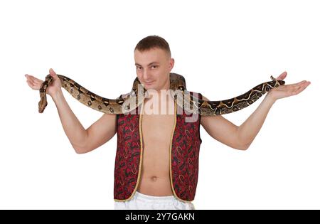 Young Caucasian man interacting with boa snake Stock Photo - Alamy