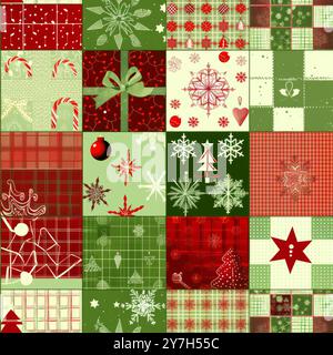 Festive red and green patchwork design with christmas motifs for ...