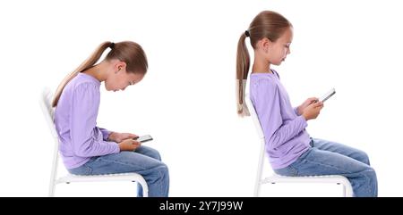 Good and bad posture, collage. Girl sitting on chair and using mobile ...