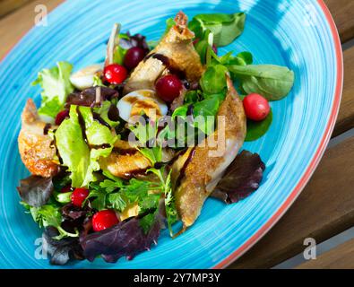 Salad with quail, berries and sauce Stock Photo - Alamy