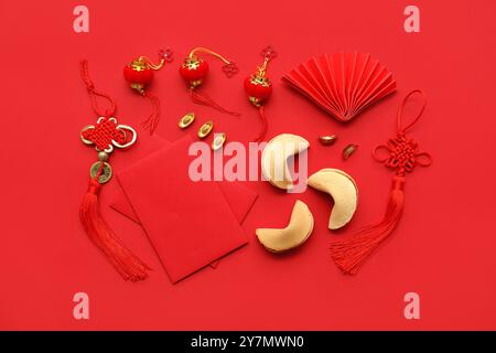 Fortune cookies with red envelopes and Chinese symbols on grunge ...