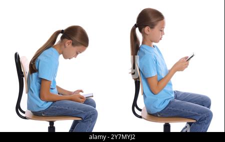 Good and bad posture, collage. Girl sitting on chair against white ...