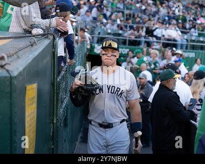 New York Yankees' Aaron Judge looks on before a baseball game against ...