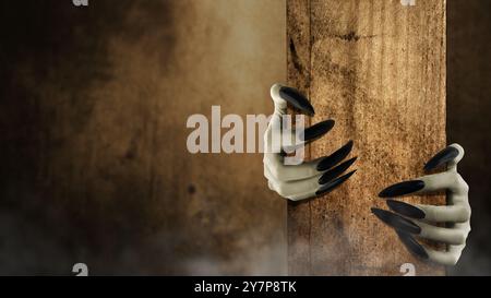 Witch hand reaching out from a tree trunk with a fire in the background ...