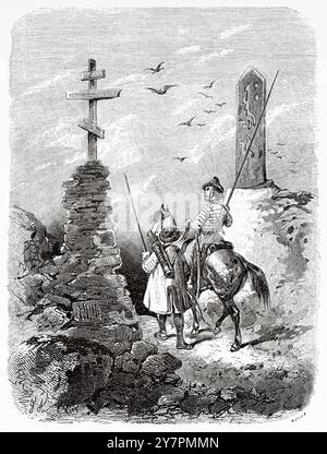 Poles of the borders between Yakut country and China. Russia. Drawing ...