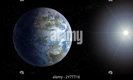 Rendered illustration of Earth from space with the sun shining in the ...