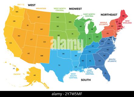 United States, Census regions and divisions, political map. Region ...