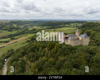 Malbrouck castle. Restored medieval castle on a prominent hill, with ...