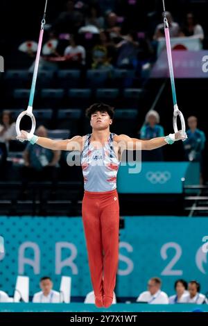 Asher Hong (USA) competing on the rings during the Artistic Gymnastics ...