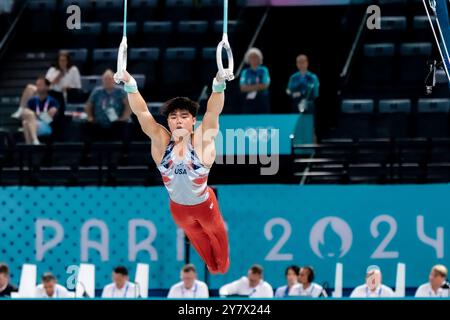 Asher Hong (USA) competing on the rings during the Artistic Gymnastics ...