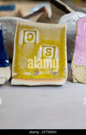 Samples of ceramic art objects and tabelware made on workshop in art ...