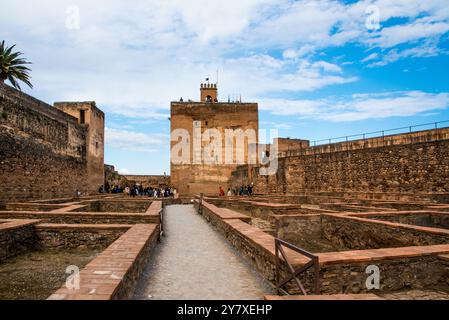 A tower at the well-known Alhambra in Granada/Spain surrounded by trees ...