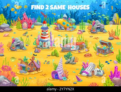 Find two same fairytale underwater houses kids game puzzle. Sea bottom ...