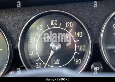Lublin, Poland August 24 2024 vintage Saab 99 dashboard with classic ...