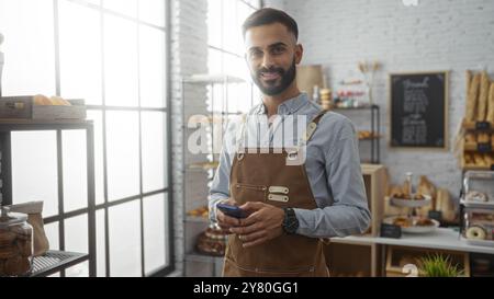 Young handsome shopkeeper man wearing apron standing over isolated ...