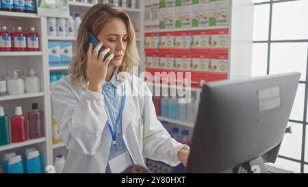 Young blonde woman pharmacist using computer working at pharmacy Stock ...