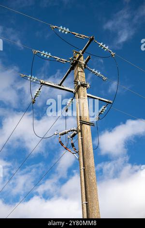 medium voltage overhead line, pole with insulators and disconnectors ...