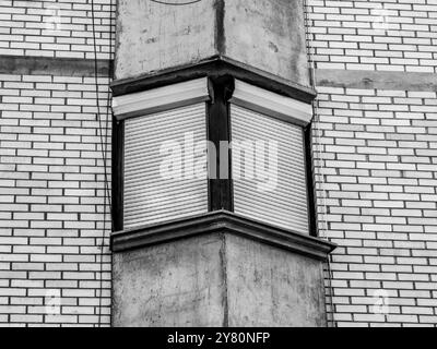 White Blinds and Closed Window Frames on Brick Wall Exterior Stock ...