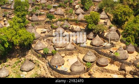 Aerial view of a traditional Lotuko tribe village in the mountain ...