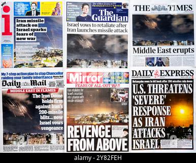 2 October 2024. Front page headlines of UK newspapers after Iran's ...