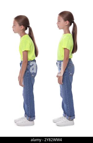 Good and bad posture, collage. Girl standing on dark beige background ...