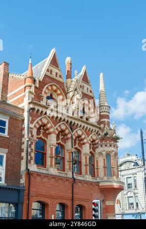 Detail of ornate gothic elephant tearooms building facade with ...