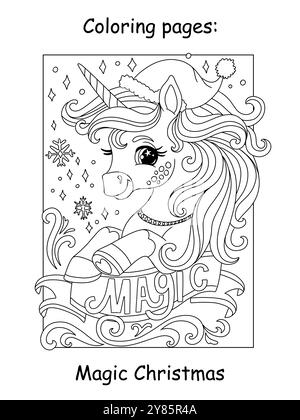 Cute cartoon unicorn in santa hat near christmas tree with gifts, balls ...