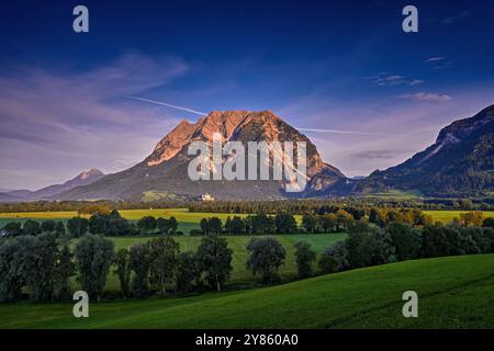 Mountain sunrise. Grimming (2351m) peak in the Dachstein Mountains of ...