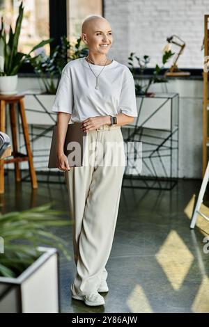 A cheerful bald woman dressed elegantly sips coffee while engaging with ...