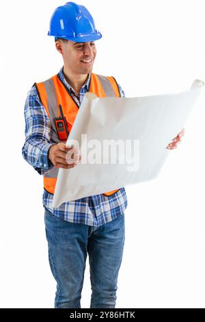 Man builder examining project documentation in apartment Stock Photo ...