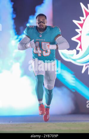 Miami Dolphins linebacker Duke Riley (45) arrives at the stadium for an ...