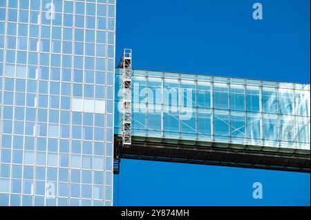 Abstract blue patterns of the Proximus tower, Brussels North district ...
