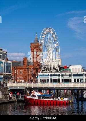 Red Tour Boat, The Waterfront at Cardiff Bay, With Giant Wheel and ...