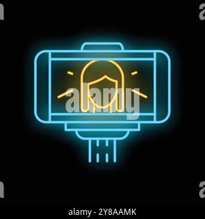Influencer, selfie, smartphone neon vector icon on dark wall background ...