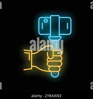 Influencer, selfie, smartphone neon vector icon on dark wall background ...