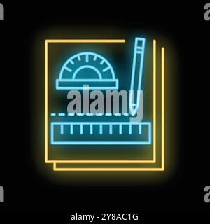 Ruler and pencil neon light icon. Glowing sign. Drawing and drafting ...