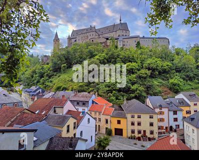 Exterior view of Vianden Castle with towers and fortifications on a ...