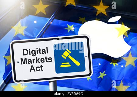 FOTOMONTAGE, Schild mit Aufschrift European Green Deal vor EU-Fahne *** FOTOMONTAGE, Sign with ...