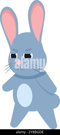Cartoon grumpy blue rabbit frowning with arms crossed, a cute ...
