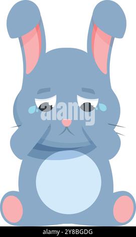 Cartoon blue bunny sitting and crying with closed eyes, feeling sad and ...