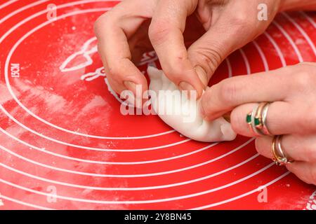 Hand molding. Dough with meat. Woman sculpt dumplings with her hands ...