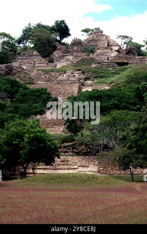 View of seven stepped platforms of the acropolis, Tonina Maya ruins ...