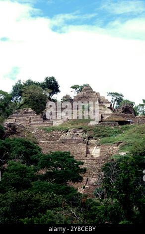 View of seven stepped platforms of the acropolis, Tonina Maya ruins ...